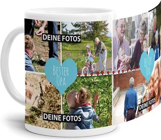 Tassendruck Fototasse mit Spruch - Bester Opa - zum Selbst gestalten mit Foto-Collage für 8 Fotos, Weiß, 300 ml