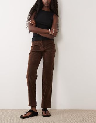 Bardot pantalon taille haute &agrave; boutons en daim synth&eacute;tique chocolat-Marron
