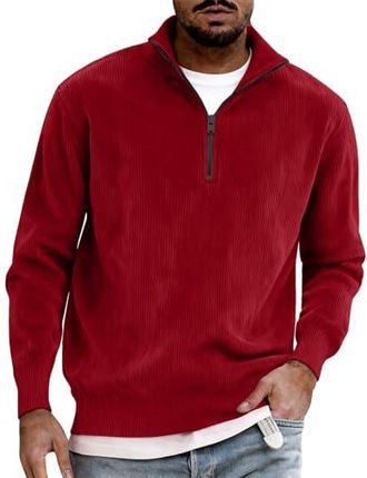 Generic Sweats pour homme - Pull classique en velours côtelé à manches longues avec col zippé - Sweat-shirt dhiver pour homme - Pull dhiver coupe ajustée, bor