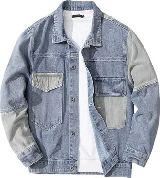 Generic Veste en jean patchwork grande taille pour homme, coupe oversize, d&eacute;contract&eacute;e, style streetwear tendance, avec poches, bleue, taille 5XL
