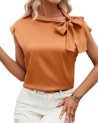 Generic Womens Bow Tie Mock Neck Cap Sleeve Satin Blouse Office Shirts Business Top Blouse