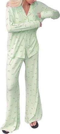 Generic Pyjama long pour femmes, cadeau de Saint-Valentin 2026, v&ecirc;tements de nuit, v&ecirc;tements de nuit, col rabattable, v&ecirc;tements de d&eacute;tente, pyjama mignon (2),