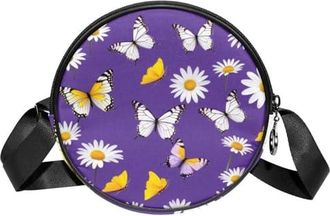 Generic Sac &agrave; bandouli&egrave;re rond pour femme, marguerites et papillons, petit sac &agrave; bandouli&egrave;re avec fermeture &eacute;clair, bretelles r&eacute;glables, sac &agrave; main rond d&eacute;con
