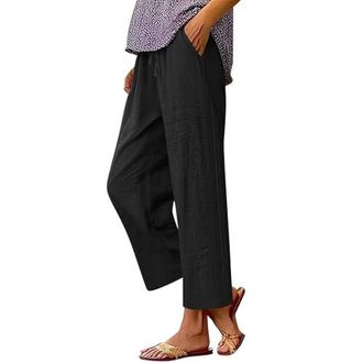 Generic Pantalon en lin pour femme d&eacute;contract&eacute; et ample Palazzo en coton et lin - Jambe large - Cordon de serrage - Taille &eacute;lastique avec poches - Pantalon de