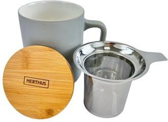 Nerthus Kitchenware FIH 1568 Keramikbecher, 375 ml, mit Edelstahl-Teesieb und Bambusdeckel, elegantes Design, ideal f&uuml;r Tee und Tees, Grau