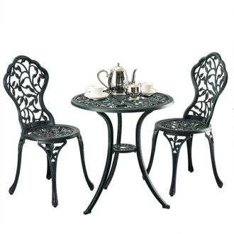 Relaxdays Relaxdays Gartenm&ouml;bel Set, 3-teilig, Tisch & 2 St&uuml;hle, Aluguss, Balkonm&ouml;bel mit Bl&auml;ttermuster, Garten Sitzgruppe, gr&uuml;n