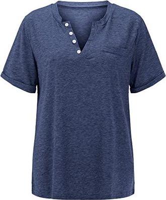 Generic Chemise unie à manches courtes pour femme - Coupe ample - Col en V - Bouton tendance - Couleur unie - Manches courtes - Poche - T-shirt ample - Vêteme