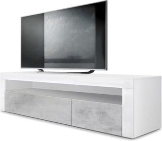 Vladon Buffet Bas Valencia, Meuble TV avec 1 Compartiment Ouvert et 2 clapets, Blanc Mat/Aspect béton oxyde/Blanc Haute Brillance (155 x 46 x 40 cm)