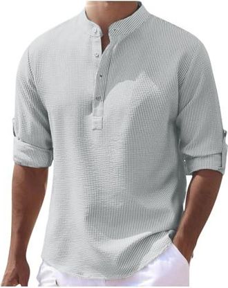 Generic Chemise Col Mao Homme Grande Taille, Blouse Homme Manches Longues,Tee Shirt été Couleur Pure Top Col V de Plage Hauts avec Boutonnée Décontracté Ample