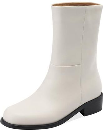 SJJH Bottes western &agrave; enfiler pour femme | Bottes rondes &eacute;l&eacute;gantes, parfaites pour les pantalons et les jupes, talon de 3,5 cm, Beige 1., 32 EU