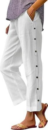 Generic Pantalon d&eacute;t&eacute; 3/4 en mousseline pour femme - Pantalon d&eacute;t&eacute; l&eacute;ger en lin - Avec poches - D&eacute;contract&eacute; - Pantalon en tissu &eacute;lastique et confortable - Pou