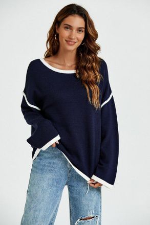 FS Collection Strickpullover Trendiges Oversize Pullovertop Pulloveroberteil - Damen Strick (Einheitsgr&ouml;&szlig;e: UK 8-16 / EU 36-44, 4 Farben: Marineblau, Beige, Schwarz