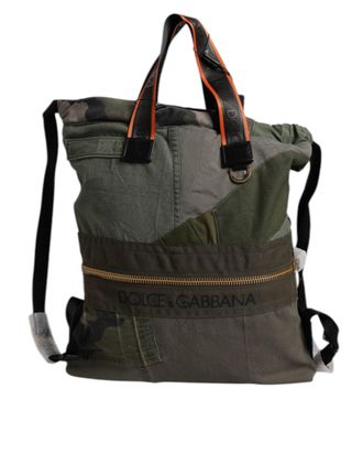 Dolce & Gabbana Mens Patchwork Cotton Calf Leather Rucksack Green Handbags