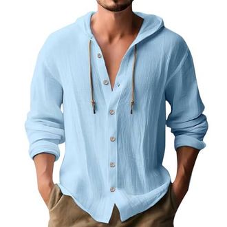 Generic Chemises boutonn&eacute;es en lin pour homme - Haut en coton &agrave; manches longues - T-shirt de plage &agrave; manches longues - Col en V - Chemises en lin boutonn&eacute;es -