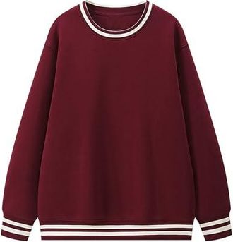 Generico Sweat-shirt de printemps et dautomne avec encolure ronde assortie, t-shirt ample à manches longues, sweat sans capuche, pull léger pour le sport et le