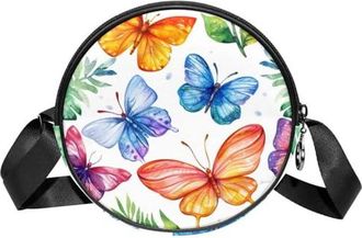 Generic Sac &agrave; bandouli&egrave;re rond pour femme, motif papillons aquarelle, petit sac &agrave; bandouli&egrave;re avec fermeture &eacute;clair, bretelles r&eacute;glables, sac &agrave; main rond d&eacute;co
