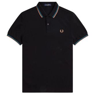 Fred Perry Blaues Poloshirt Mit Doppelstreifenkragen Und Schwarzem Muster