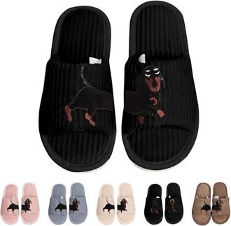 Generic Pantoufles en velours côtelé pour femme - Bout ouvert - Confortables - Motif animal de dessin animé - Teckel - Pantoufles plates - Pour lhiver - Antid
