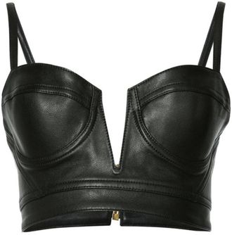 Balmain Black Leather Cropped Bra Top Size M