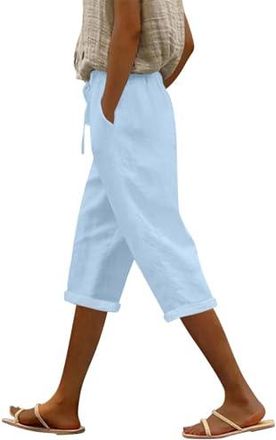 Generic Pantalon en coton et lin pour femme - Jambe large - Pantalon de plage d&eacute;t&eacute; pour femme - Confortable - Pantalon de yoga Palazzo XIYU26012, bleu clair, 