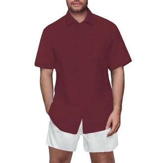 Generic T-shirt en lin blanc pour homme - Chemise en lin &agrave; manches courtes - Chemise en coton boutonn&eacute;e - Coupe ajust&eacute;e - Pour homme, Rouge, 4XL