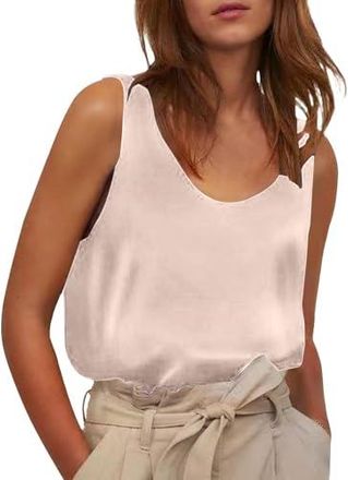 Generic T-shirt &agrave; col en V sans manches - Chemisier en satin grande taille pour femme - Bretelles larges - Col rond - Sans manches - &Eacute;l&eacute;gant - Respirant - L&eacute;g
