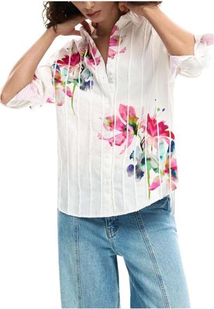 Desigual Femme, Blouses et Chemises, Blanc, Taille: 42 FR Chemise en coton &agrave; fleurs avec manches longues et col classique