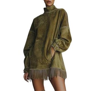 Generic Robe d&eacute;contract&eacute;e et confortable &agrave; col roul&eacute; avec ourlet &agrave; franges et jupe trap&egrave;ze vintage western en velours c&ocirc;tel&eacute; &agrave; manches longues, Vert, 3XL