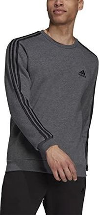 adidas Mens Standard Essentials Fleece 3-Stripes Sweatshirt, Dark Grey Heather/Black, Large
