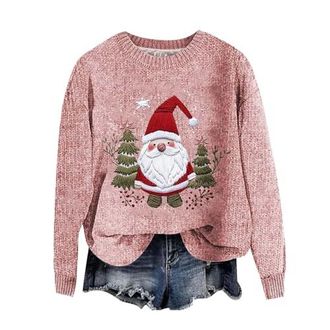 Generic 2026 Pull en laine &agrave; grosses aiguilles pour femme Imprim&eacute; No&euml;l 3D, rose clair, XXL
