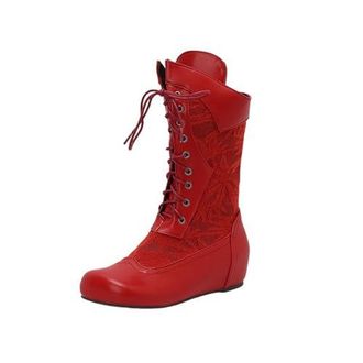 Generic Bottes mi-mollet pour femme - Talon plat - Style d&eacute;contract&eacute; - Style r&eacute;tro - Confortable - &Agrave; lacets - Avec augmentation interne, Rouge, 38.5 EU