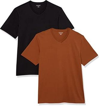 Amazon Essentials T-Shirts Col en v à Manches Courtes Homme, Lot de 2, Noir/Brun, XXL