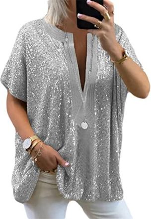 Minetom Femmes T-Shirt Manche Courte Col V Chemisier Haut Lâche Oversize Blouse Paillettes Brillantes Tops A Argenté 3XL