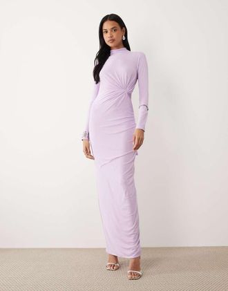 Asos Robe longue dos nu en tulle &agrave; manches longues et corsage torsad&eacute; - Lilas-Violet