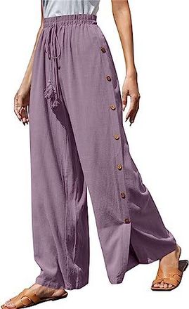 Generic Pantalon boh&egrave;me avec boutons sur le c&ocirc;t&eacute; pour femme - Taille haute - Cordon de serrage - Jambe fendue fluide - Vacances - Plage - Yoga - Pour les voya