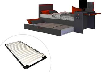 Vente-Unique Vente-unique - Lit gigogne gamer2 x 90 x 200 cm - Avec bureau - LEDs - Anthracite et rouge + Sommier - vouani