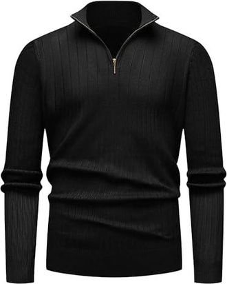 Generic Pull pour homme avec fermeture &eacute;clair 1/4 - En tricot torsad&eacute; - Col montant - L&eacute;ger - D&eacute;contract&eacute; - C&ocirc;tel&eacute;, Noir, L