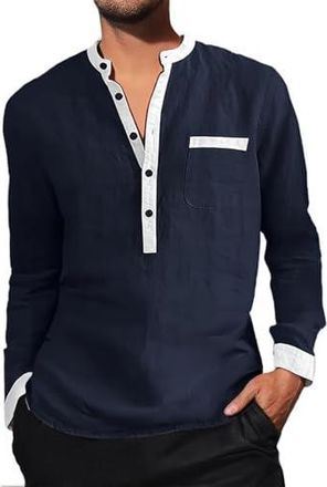 Generic Chemise en lin pour homme - Chemise d&eacute;t&eacute; boutonn&eacute;e - Coton et lin - Respirant - &Eacute;l&eacute;gante - Pour lext&eacute;rieur - Manches longues - Coupe droite - Chemise 