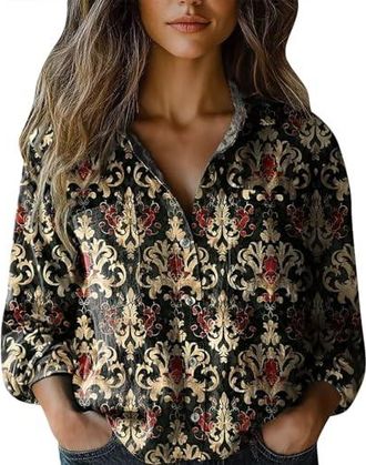 Generico Chemise Femme &Eacute;l&eacute;gant &agrave; Manches Longues T Shirt Coton Et Lin Curvy Grande Taille Blouse Col V Mode Chemises Vintage Fantaisie avec Boutons Classique C