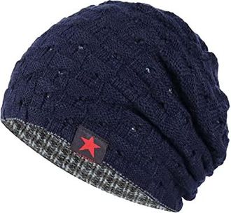 Generic Bonnet dhiver chaud &agrave; gros carreaux r&eacute;versible pour femme - Chapeau ample unisexe en cuir uni, bleu marine, Taille unique