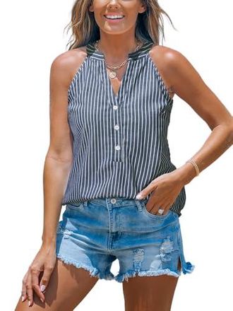 Cupshe D&eacute;bardeur d&eacute;t&eacute; pour femme - Ray&eacute; - Sans manches - Col en V - Blouses d&eacute;contract&eacute;es - Gilet basique, bleu fonc&eacute;, S