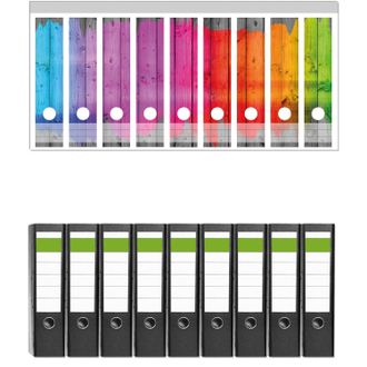 Wallario 9 Stück breite Ordner inkl. Klebeetiketten mit Motiv Holzpaneel - Bemaltes buntes Holz - Set mit Rückenschildern/Ordnerrücken Stickern