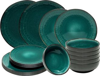 JACK Tafelservice 18-teilig - Petrolgrün - Dunkelgrau- Keramik - für 6 Personen - mit Prägung