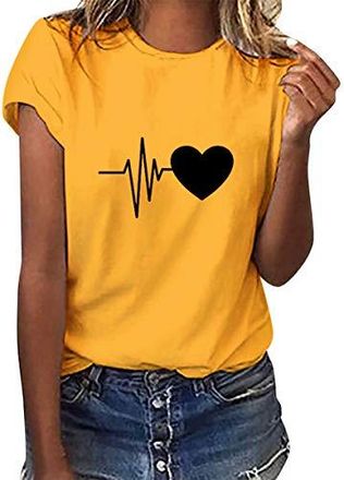Heekpek Femme Chemisier Chic T-Shirts Blouse Col Rond Tops Manches Courtes en Coton Ete T Shirt Imprimé Tunique T-Shirt, Jaune, Taille XXL