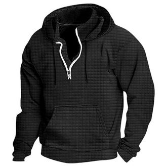 Generic Sweat &agrave; capuche pour homme avec cordon de serrage et fermeture &eacute;clair 1/4 - Pull &agrave; capuche gaufr&eacute; avec poche pour printemps et hiver, Noir, XXL