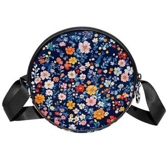Generic Sac &agrave; bandouli&egrave;re rond pour femme, motif floral color&eacute;, petit sac &agrave; bandouli&egrave;re avec fermeture &eacute;clair, bretelles r&eacute;glables, sac &agrave; main rond d&eacute;contract