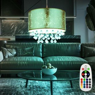 ETC Shop Plafonnier pendule en cristal télécommandé variateur textile dans un ensemble comprenant des ampoules LED RVB