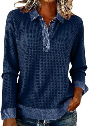 Generic Sweatshirts en denim patchwork pour femme - Col &agrave; revers - Sweat boutonn&eacute; - Chemise en jean - Tricot gaufr&eacute; - Pull &agrave; manches longues - Polo &agrave; manches 