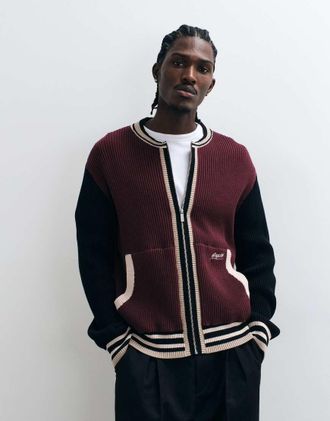 Pegador Pegador schwerer Strickpullover mit durchgehendem Rei&szlig;verschluss in Burgunderrot/Schwarz-Multi