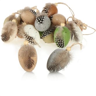 Com-Four 18x Ostereier zum Anhängen - Hängedeko für den Osterstrauch 6 x 4 cm - farbige Ostereier mit Federn und Holzperle in Wachtelei-Optik - Deko-Eier aus K